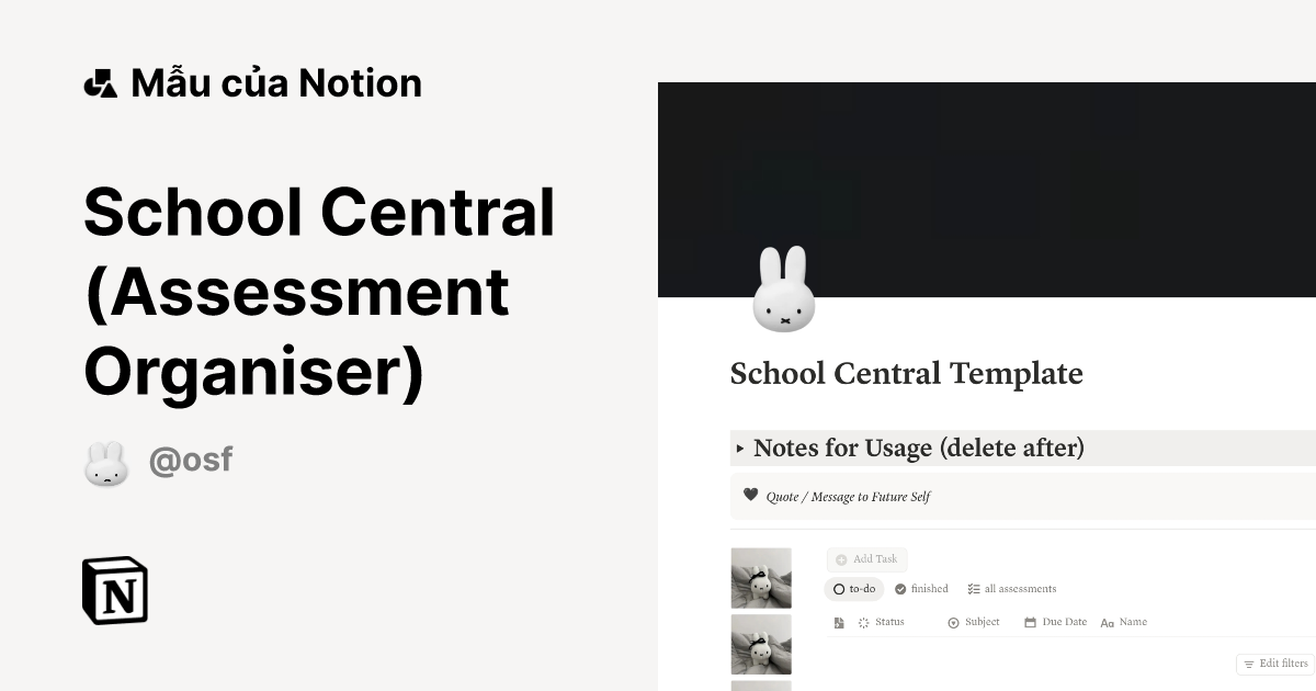 Mẫu School Central (Assessment Organiser) | Thị trường Notion