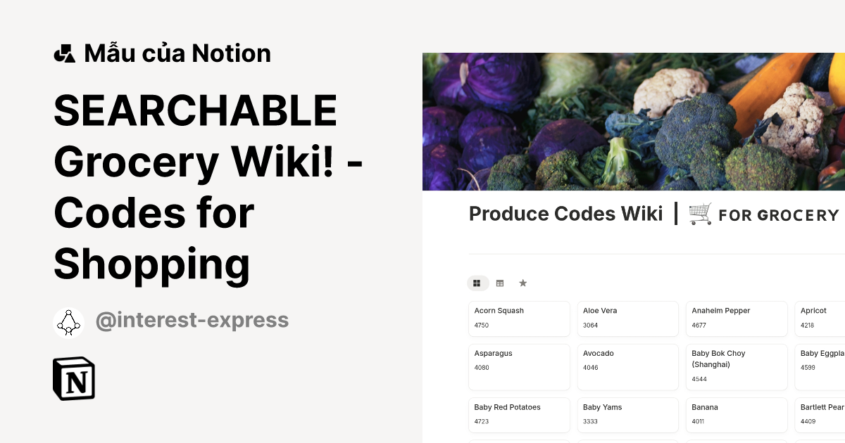 Mẫu SEARCHABLE Grocery Wiki! - PLU Codes for Shopping | Thị trường Notion