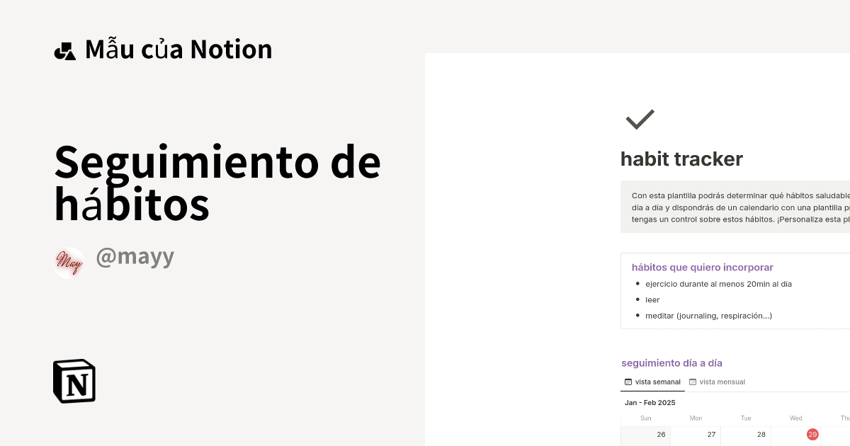 Seguimiento de hábitos Mẫu do May tạo | Thị trường Notion