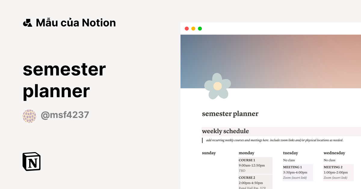 semester planner Mẫu do msf4237 tạo | Thị trường Notion