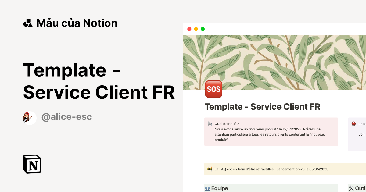 Mẫu Template - Service Client FR | Thị trường Notion