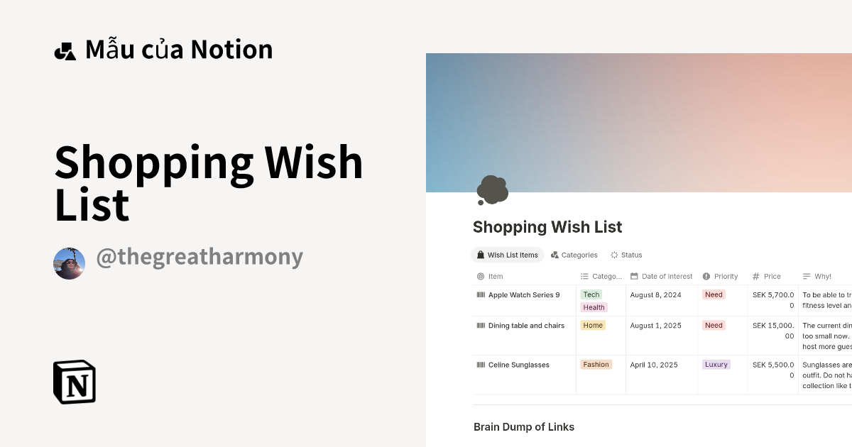 Mẫu Shopping Wish List | Thị trường Notion