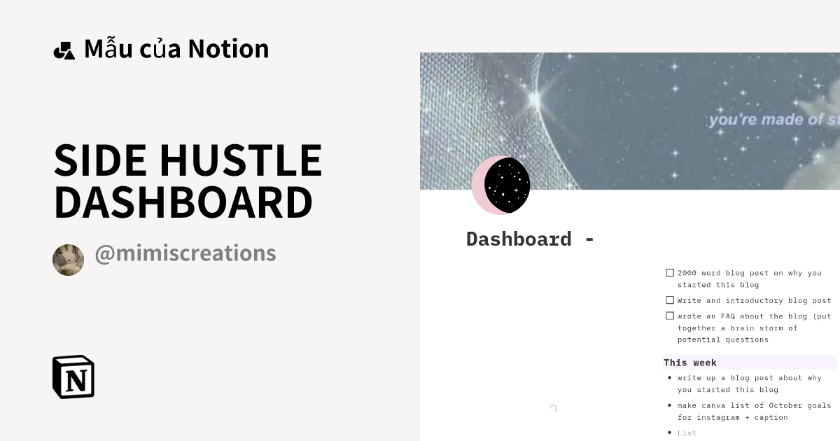 SIDE HUSTLE DASHBOARD Mẫu do Mimis creations tạo | Thị trường Notion