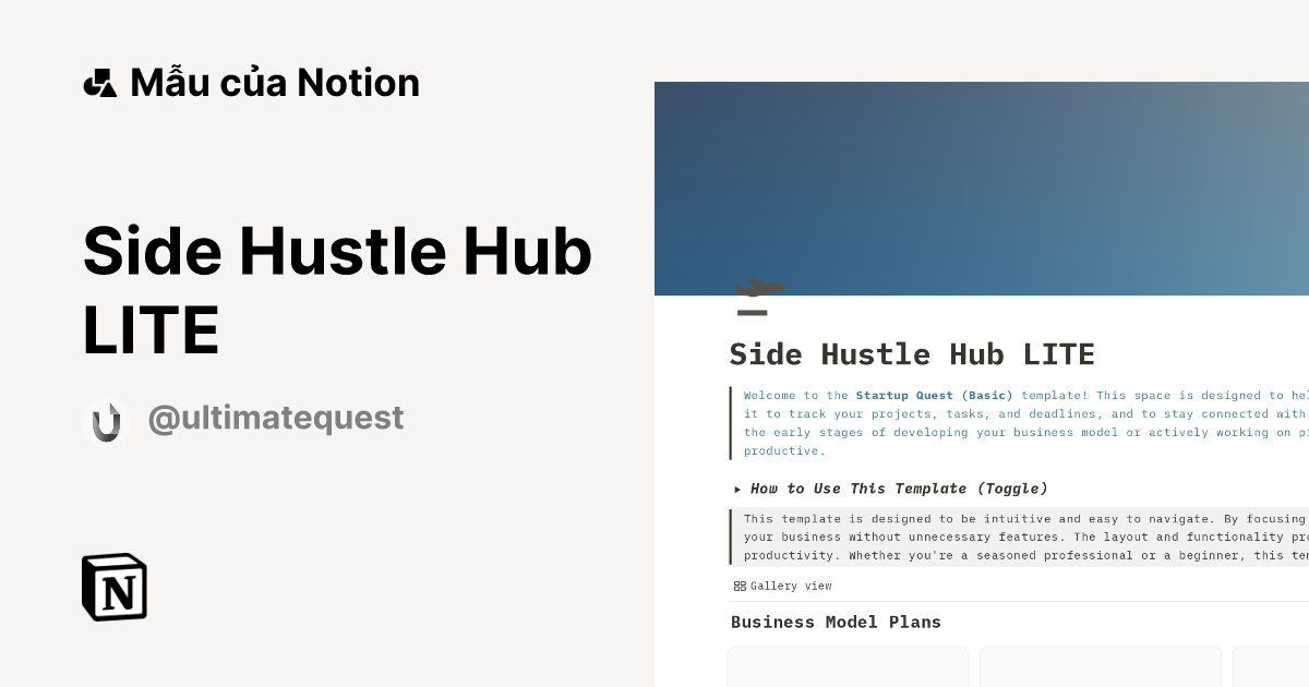 Side Hustle Hub LITE Mẫu do UltimateQuest tạo | Thị trường Notion