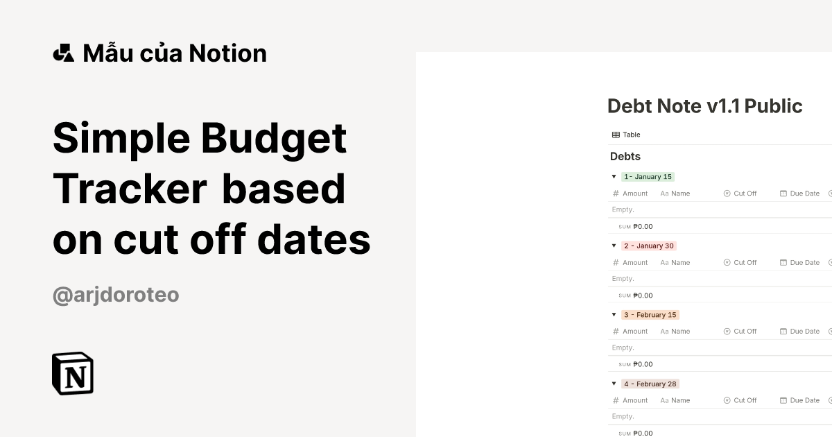 Mẫu Simple Budget Tracker based on cut off dates | Thị trường Notion