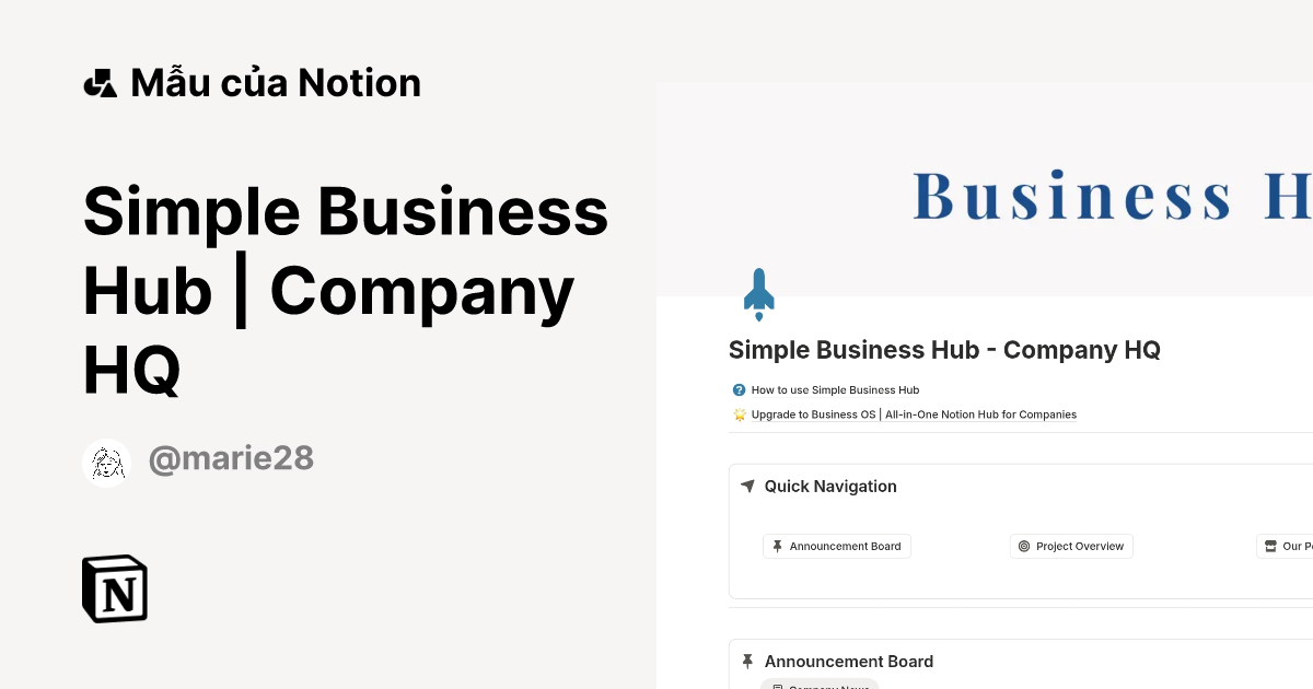 Mẫu Simple Business Hub | Company HQ | Thị trường Notion