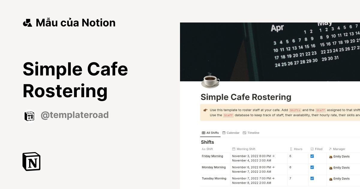 Simple Cafe Rostering Mẫu do Template Road tạo | Thị trường Notion