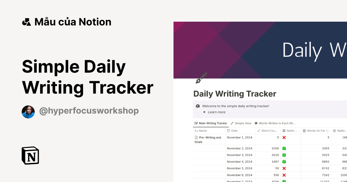 Mẫu Simple Daily Writing Tracker | Thị trường Notion