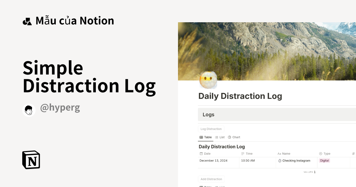 Mẫu Simple Distraction Log | Thị trường Notion