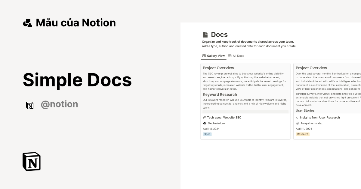 Mẫu Simple Docs 2026 | Thị trường Notion