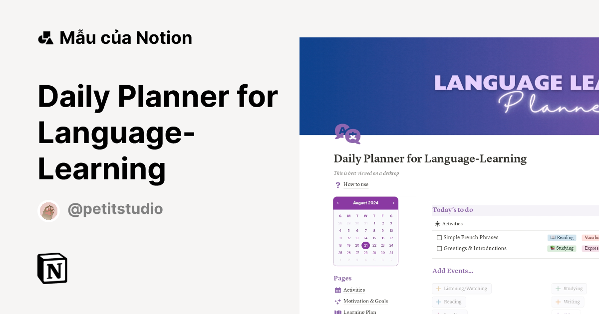 Mẫu Daily Planner for Language-Learning | Thị trường Notion