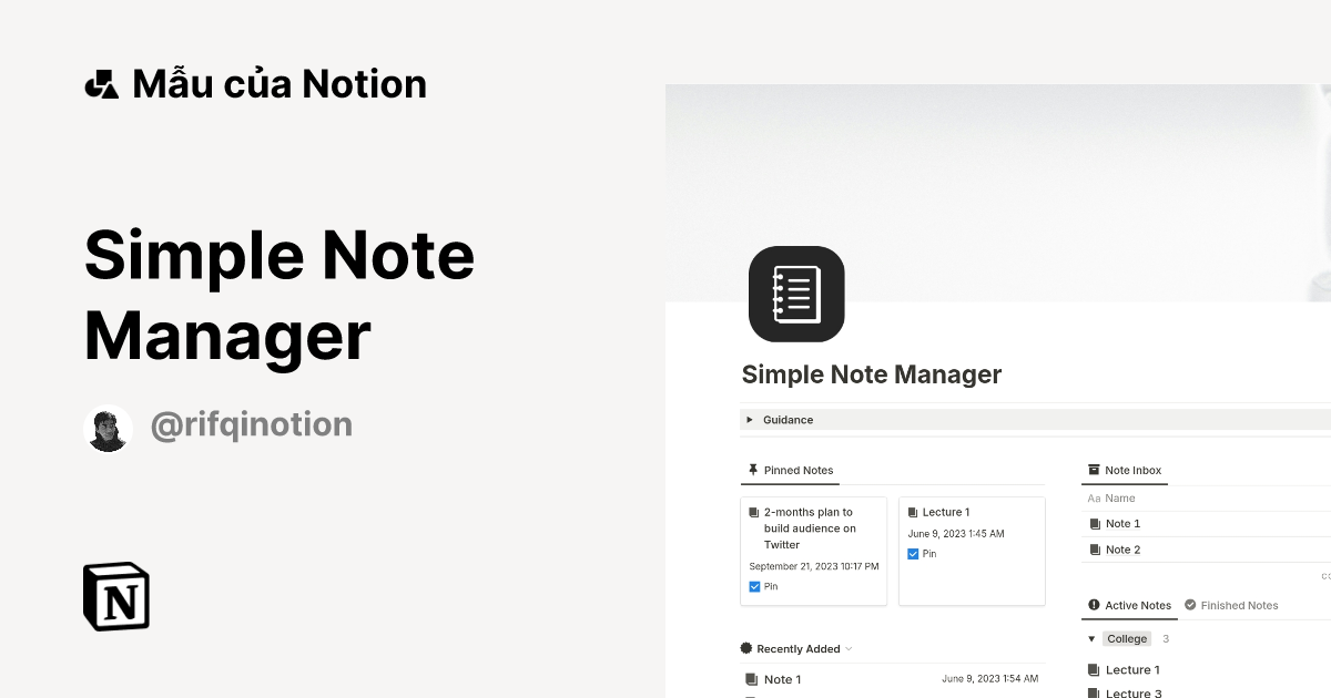 Mẫu Simple Note Manager | Thị trường Notion