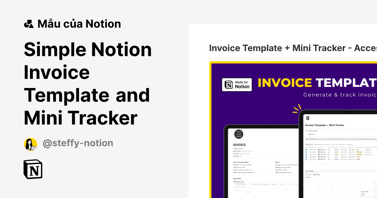 Mẫu Simple Notion Invoice Template and Mini Tracker | Thị trường Notion