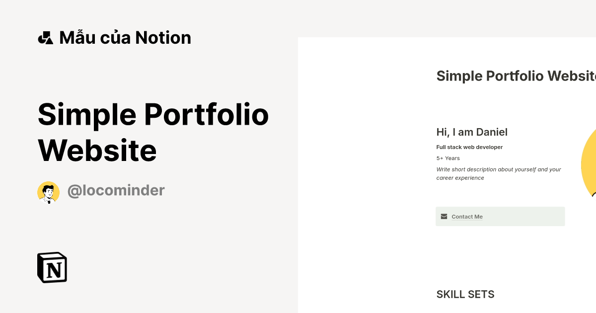 Simple Portfolio Website Mẫu do Locominder tạo | Thị trường Notion