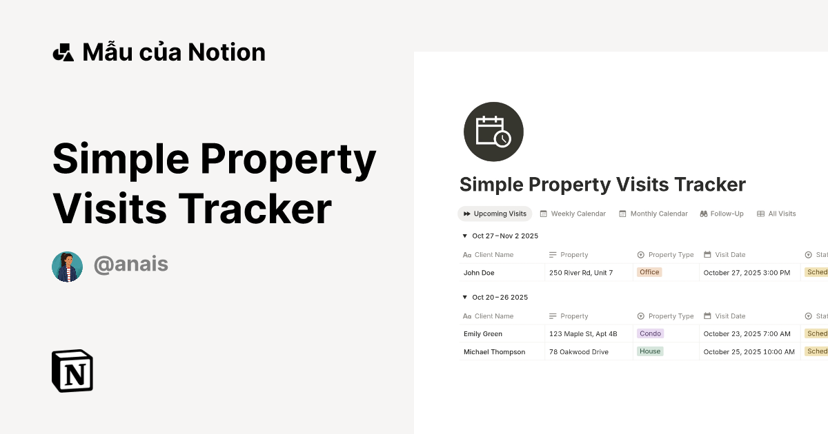 Mẫu Simple Property Visits Tracker | Thị trường Notion