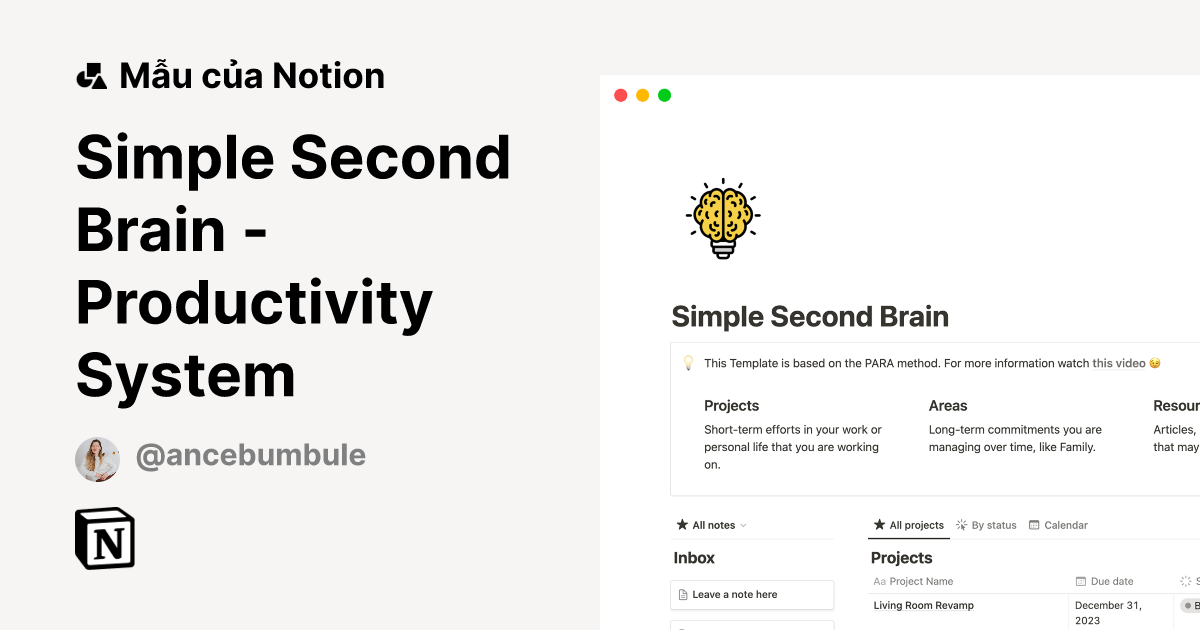 Simple Second Brain - Productivity System Mẫu do Ance Bumbule tạo | Thị trường Notion