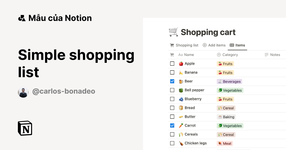 Mẫu Simple shopping list | Thị trường Notion
