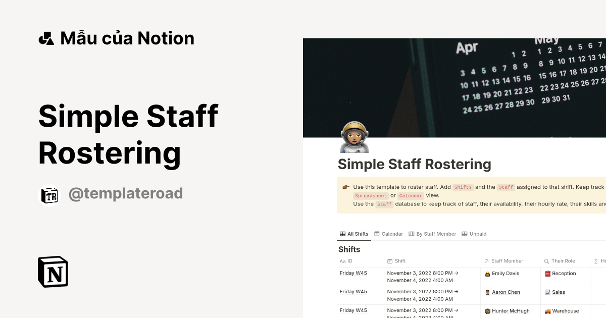 Mẫu Simple Staff Rostering | Thị trường Notion