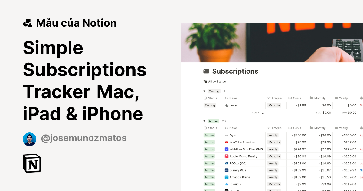 Simple Subscriptions Tracker Mac, iPad & iPhone Mẫu do Jose Munoz Matos tạo | Thị trường Notion