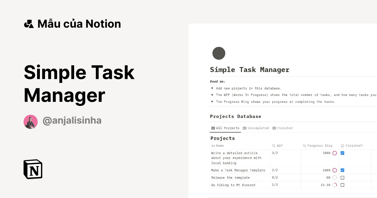 Simple Task Manager Mẫu do Anjali Sinha tạo | Thị trường Notion