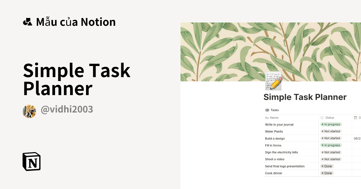 Simple Task Planner Mẫu do Vidhi tạo | Thị trường Notion