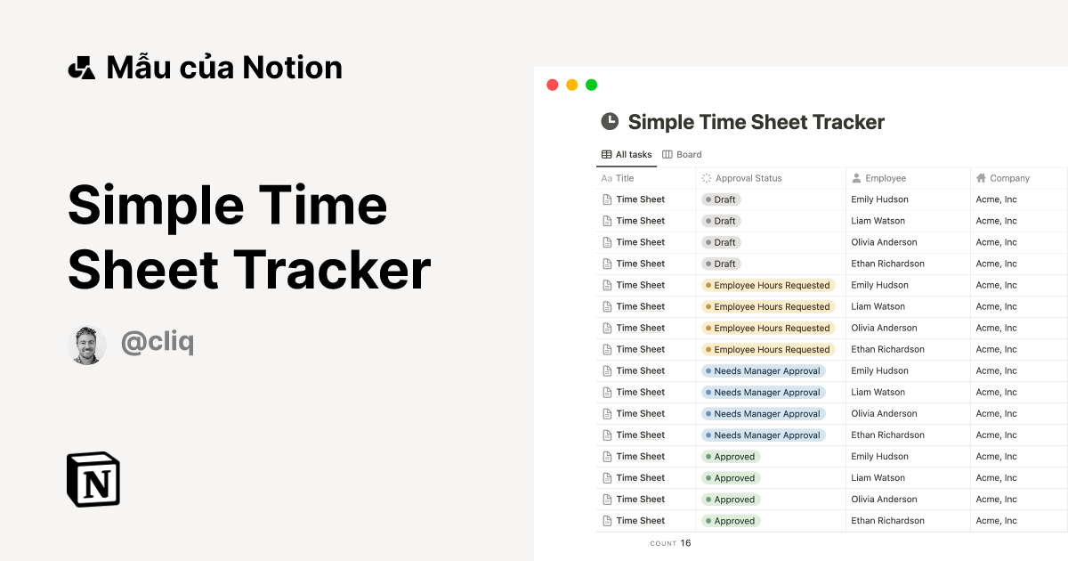 Simple Time Sheet Tracker Mẫu do Stuart Sharpe tạo | Thị trường Notion