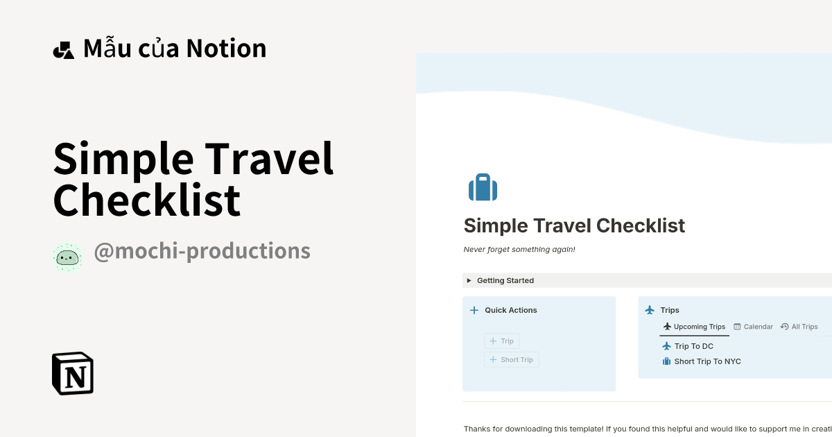Simple Travel Checklist Mẫu do Mochi Productions tạo | Thị trường Notion