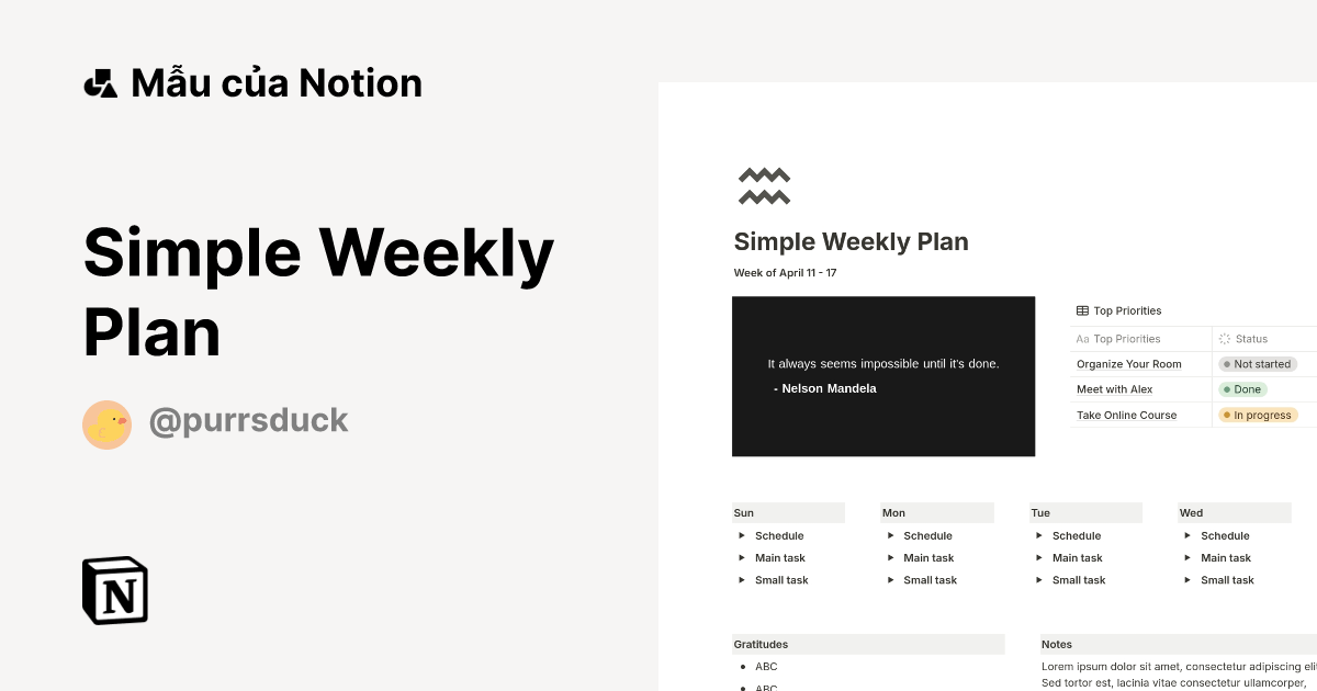Simple Weekly Plan Mẫu do Purrsduck tạo | Thị trường Notion