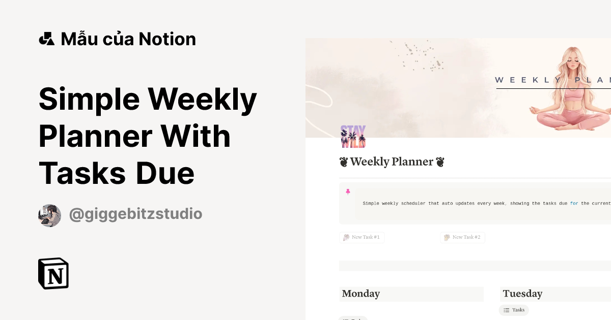 Mẫu Simple Weekly Planner With Tasks Due | Thị trường Notion