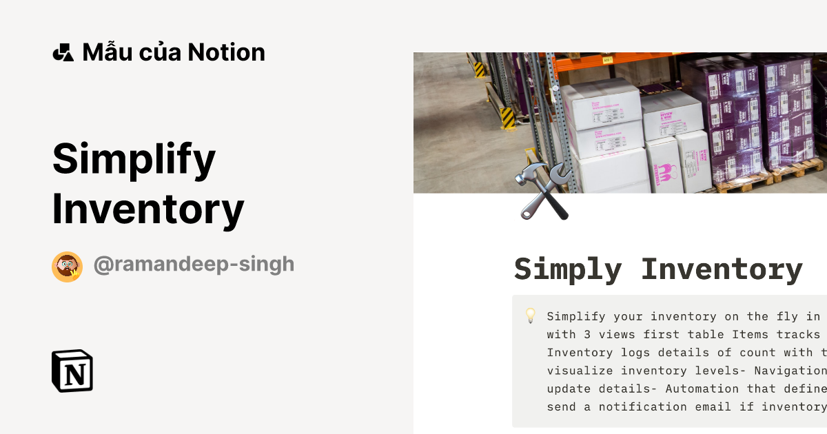 Mẫu Simplify Inventory | Thị trường Notion