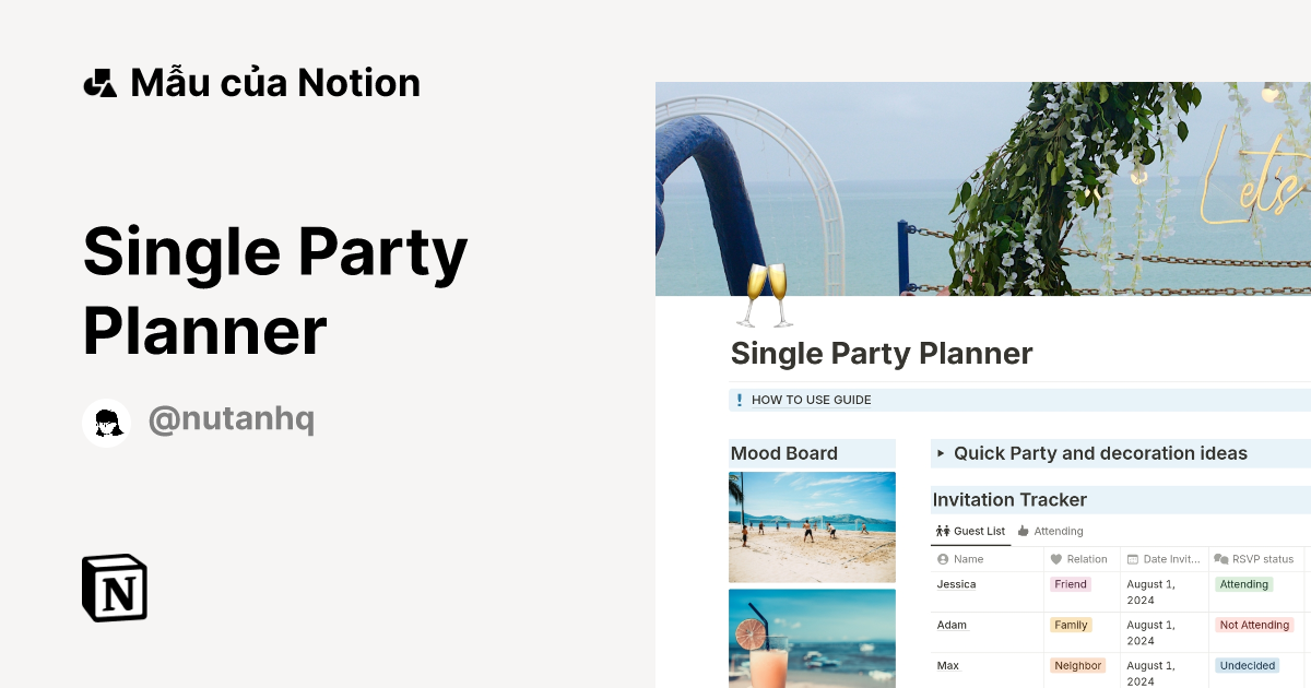 Mẫu Single Party Planner | Thị trường Notion