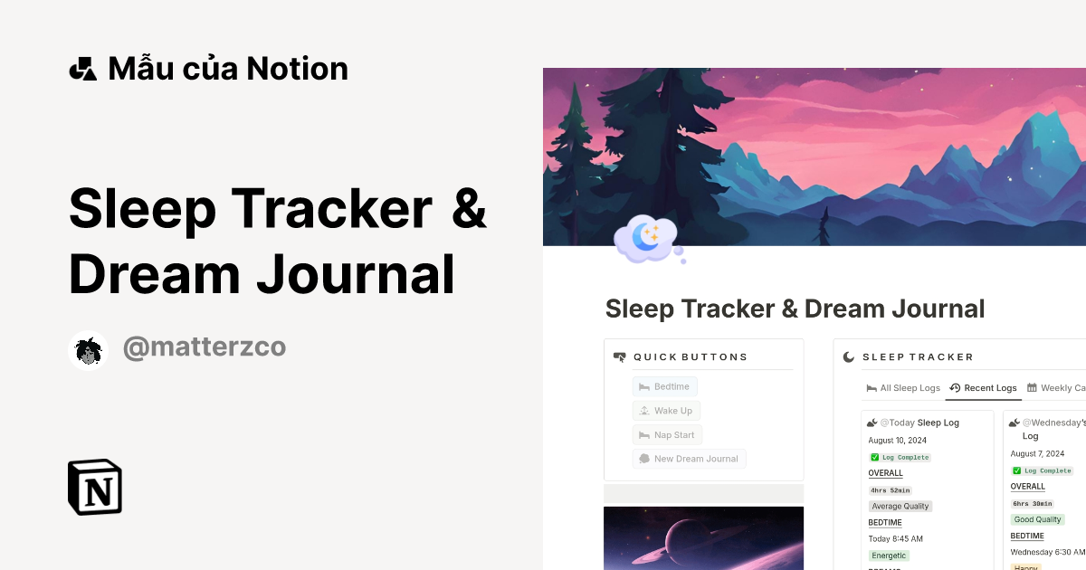 Mẫu Sleep Tracker & Dream Journal | Thị trường Notion