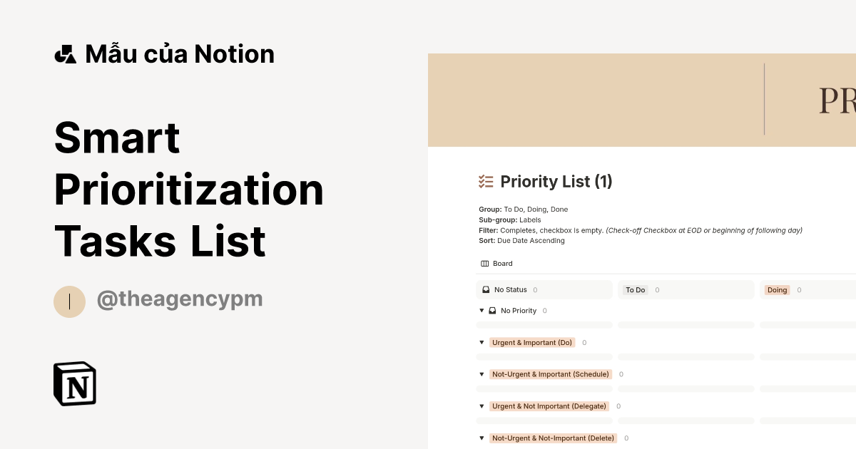 Mẫu Smart Prioritization Tasks List | Thị trường Notion