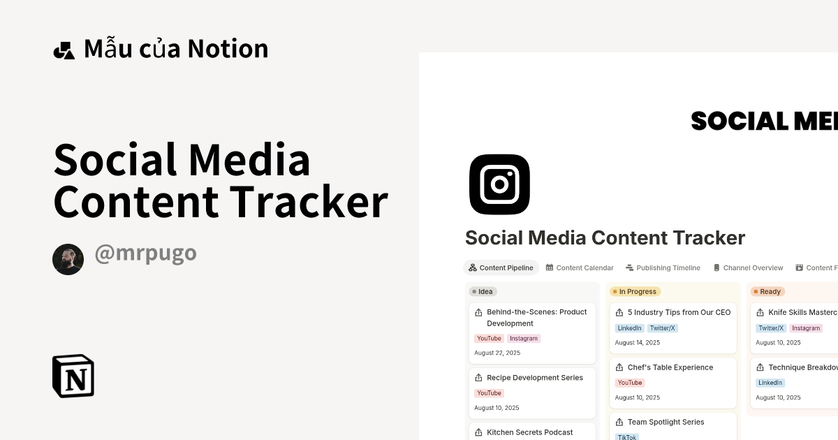 Mẫu Social Media Content Tracker | Thị trường Notion