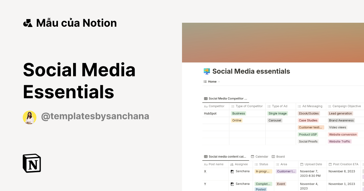 Mẫu Social Media Essentials | Thị trường Notion