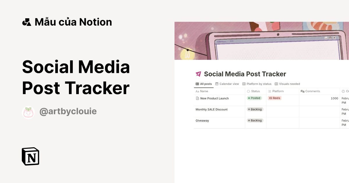 Mẫu Social Media Post Tracker | Thị trường Notion