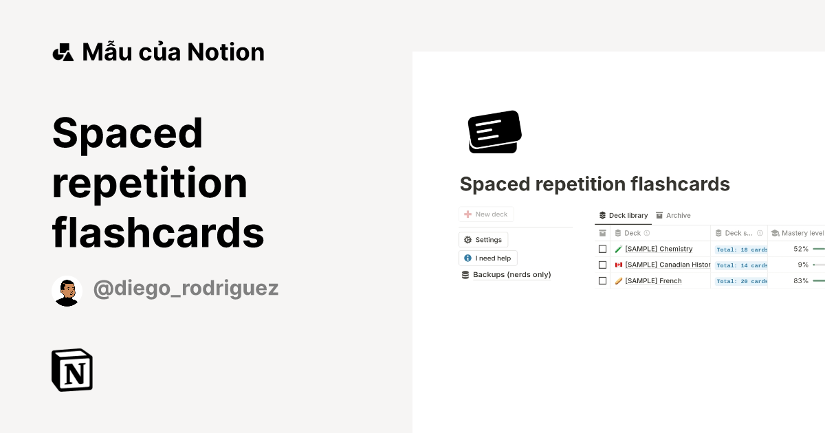 Mẫu Spaced repetition flashcards | Thị trường Notion