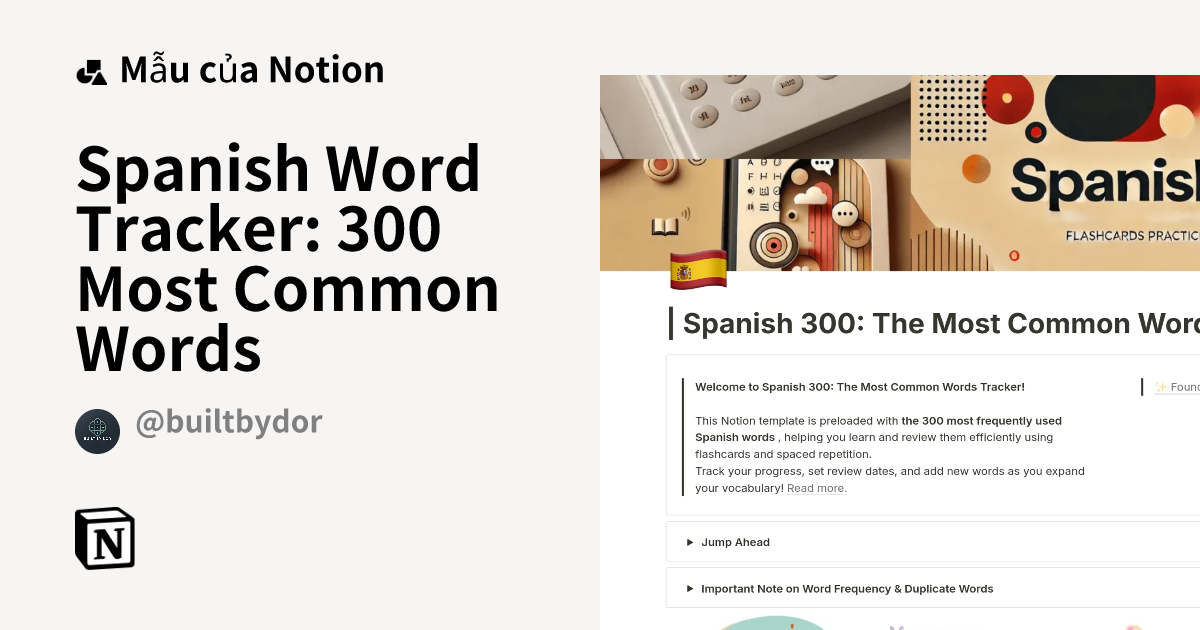 Spanish Word Tracker: 300 Most Common Words Mẫu do Built by Dor tạo | Thị trường Notion