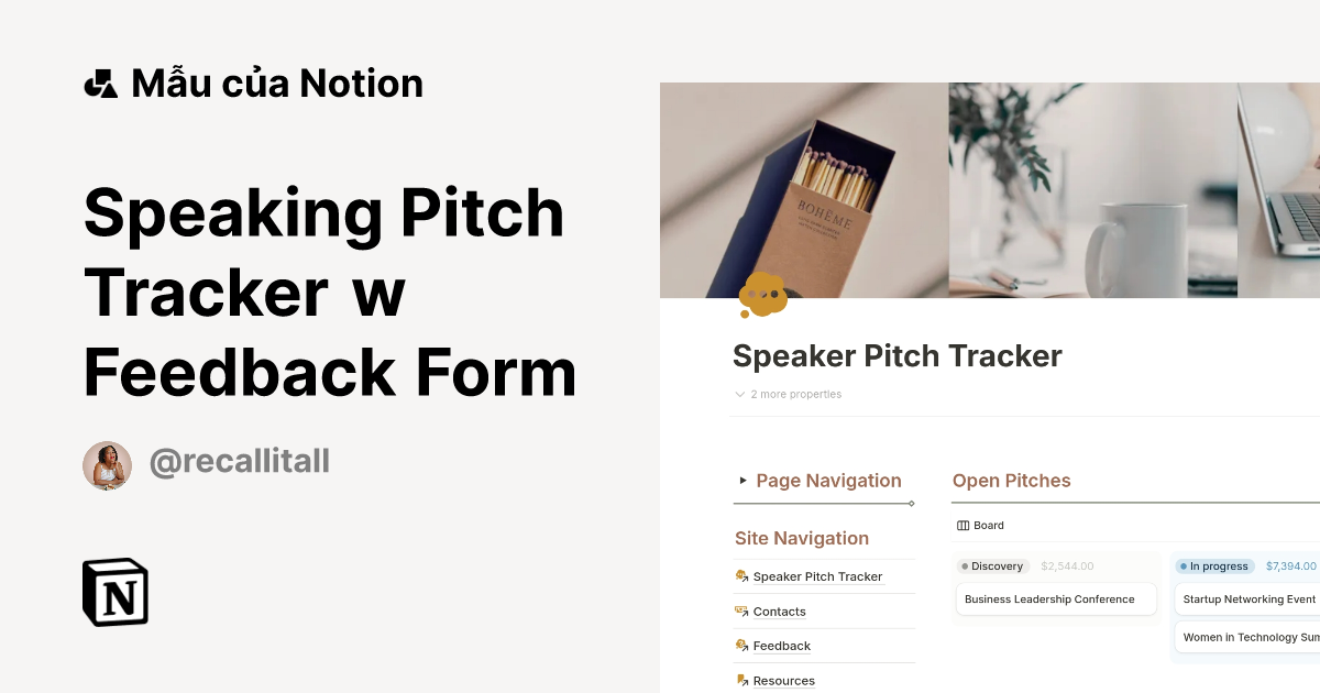 Mẫu Speaking Pitch Tracker w Feedback Form | Thị trường Notion