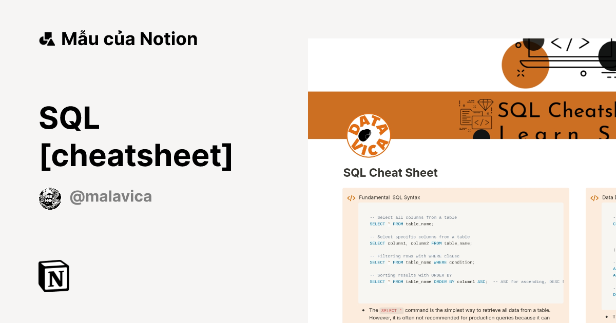 SQL [cheatsheet] Mẫu do Malavica tạo | Thị trường Notion