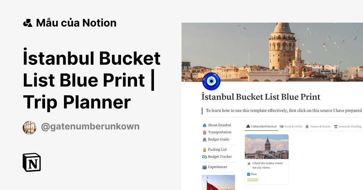 Mẫu İstanbul Bucket List Blue Print | Trip Planner | Thị trường Notion