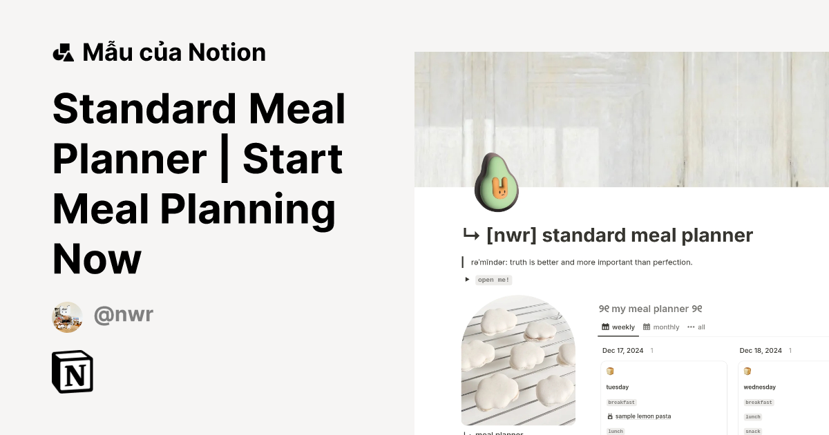Mẫu Standard Meal Planner | Start Meal Planning Now | Thị trường Notion