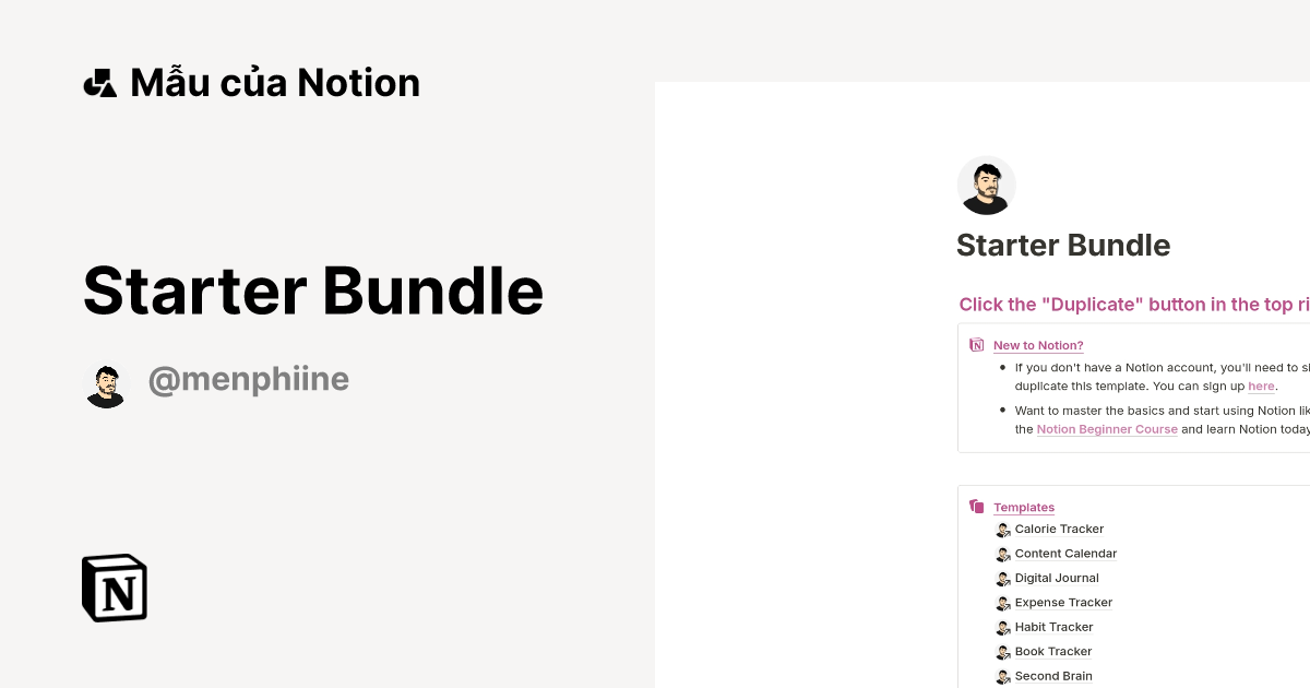 Starter Bundle Mẫu do Menphiine tạo | Thị trường Notion