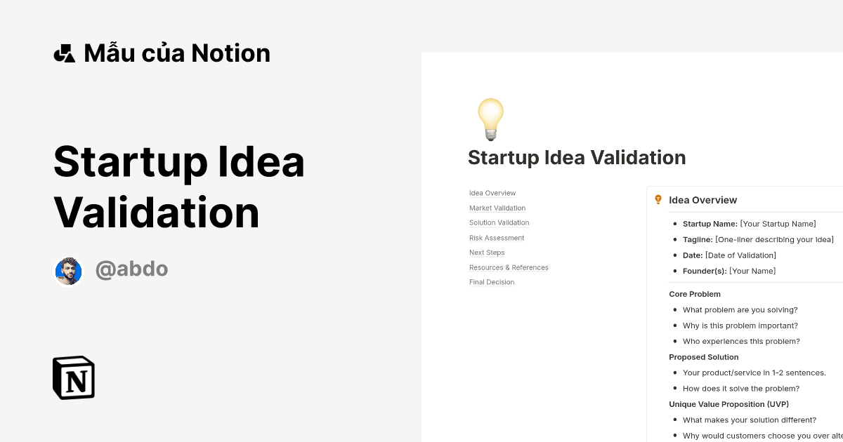 Startup Idea Validation Mẫu do Abdo Karmalla tạo | Thị trường Notion