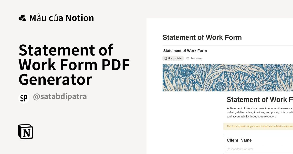 Mẫu Statement of Work Form PDF Generator | Thị trường Notion