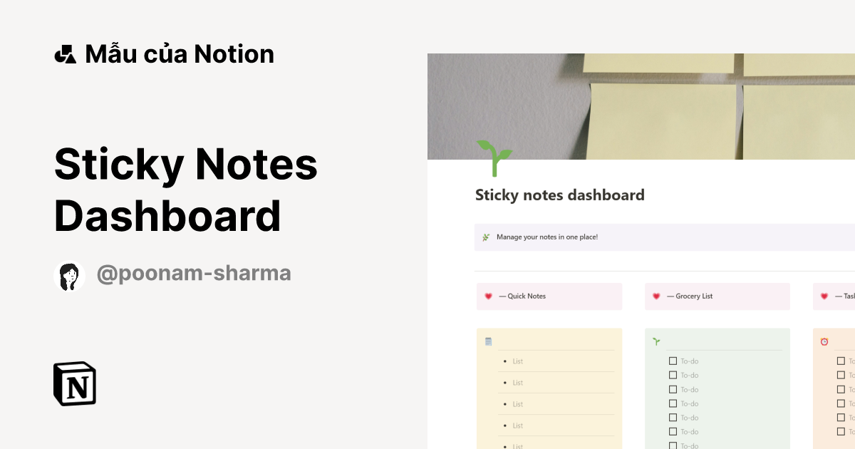 Mẫu Sticky Notes Dashboard | Thị trường Notion