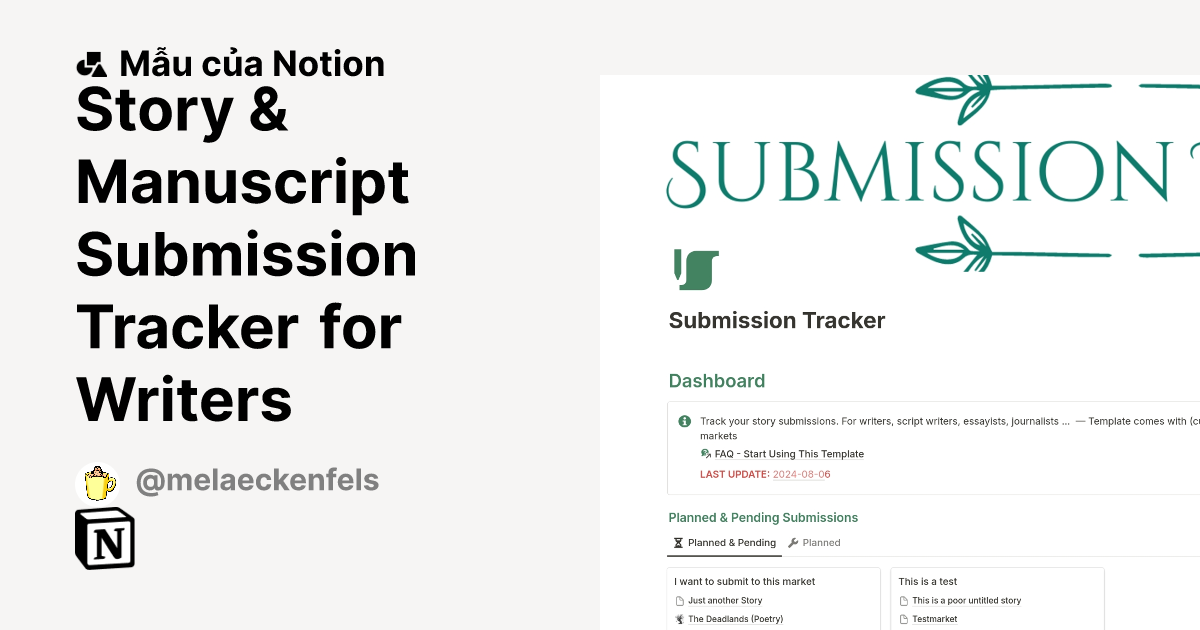 Mẫu Story & Manuscript Submission Tracker for Writers | Thị trường Notion