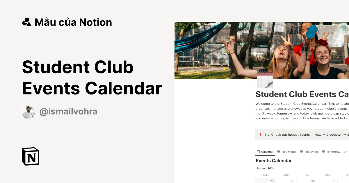 Mẫu Student Club Events Calendar | Thị trường Notion