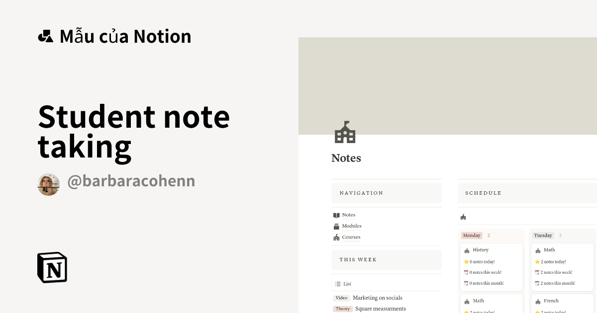 Mẫu Student note taking | Thị trường Notion