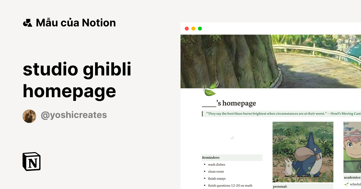 Mẫu studio ghibli homepage | Thị trường Notion